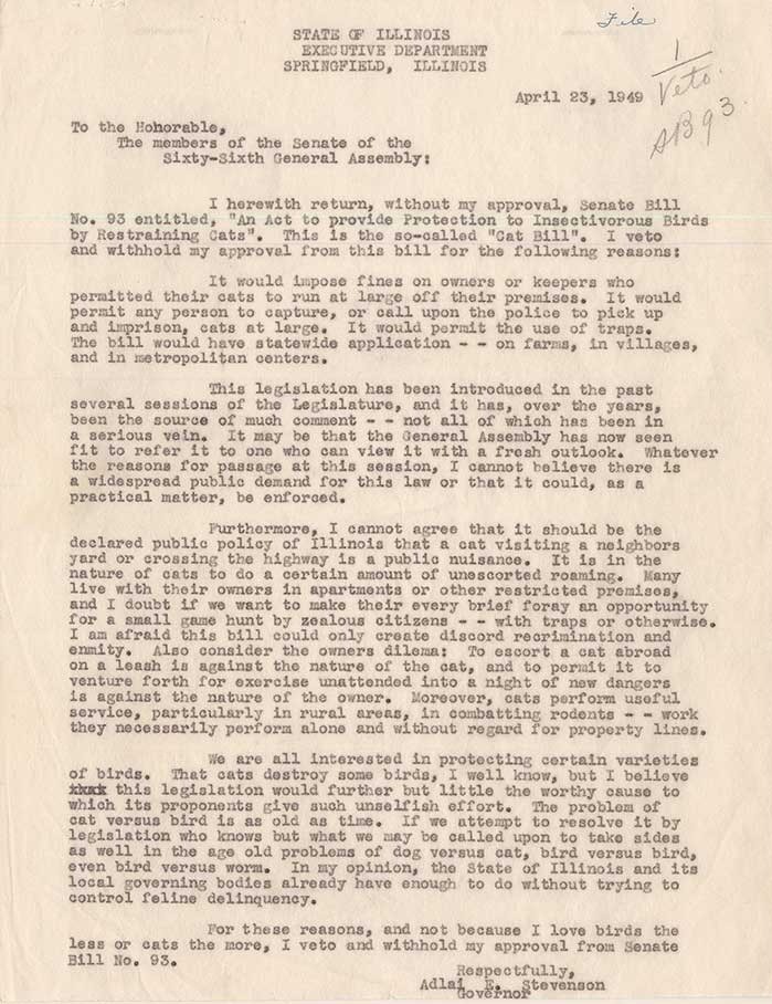 Adlai Stevenson’s cat bill veto, 1949 | SangamonLink
